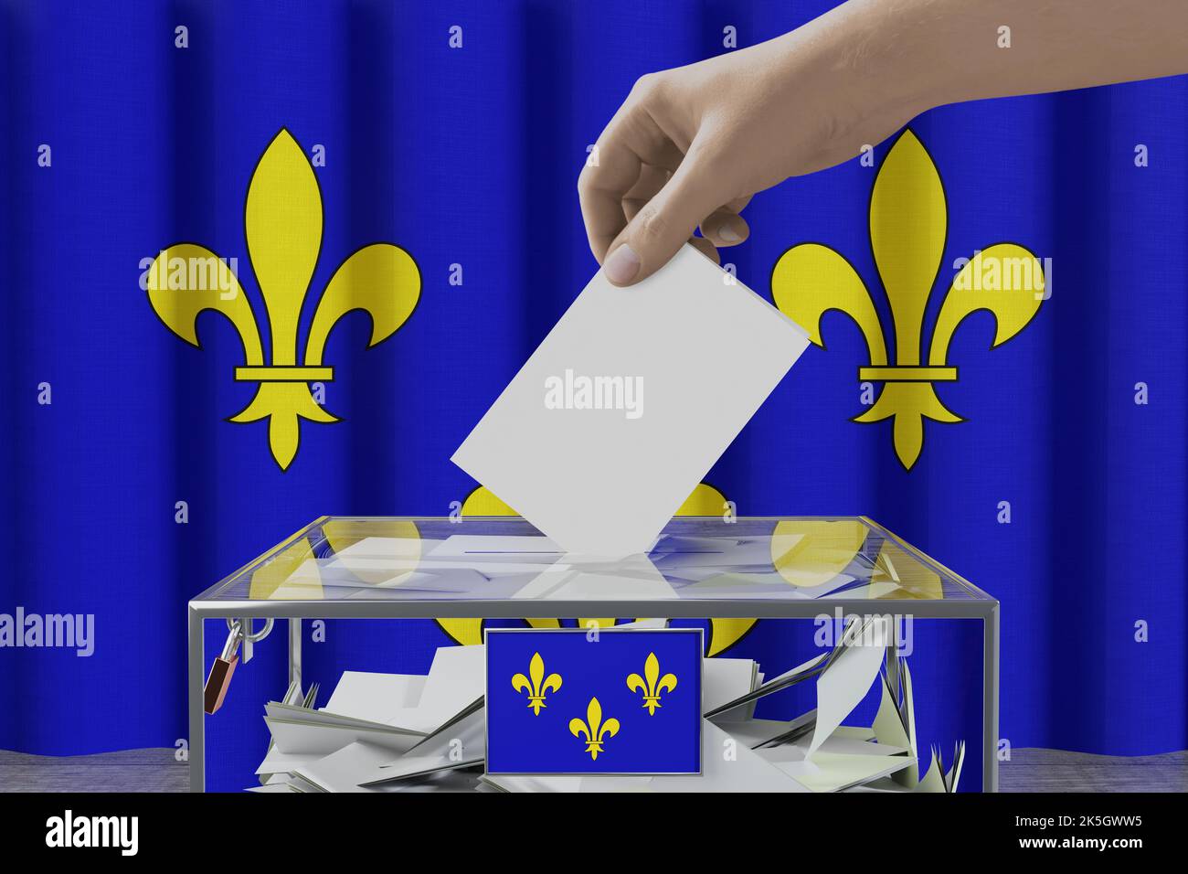 Ile de France flag, hand dropping ballot card into a box - voting ...
