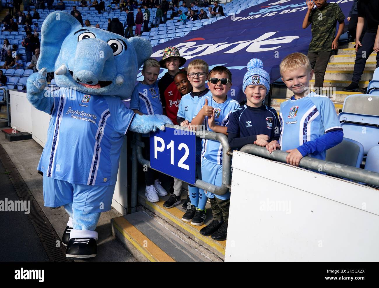 Coventry City mascot Sky Blue Sam with fans before the Sky Bet ...
