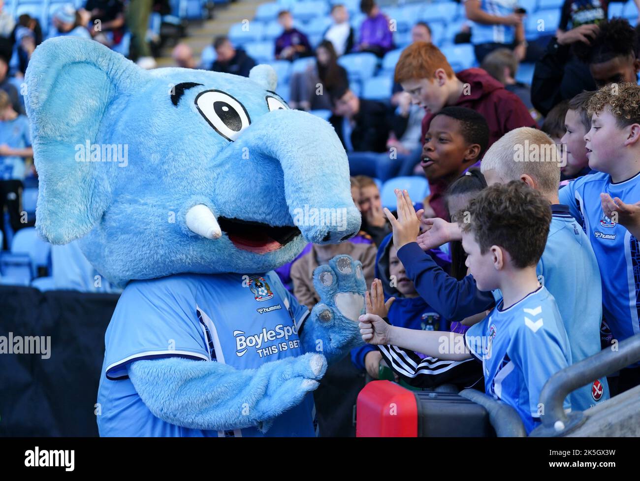 Coventry City mascot Sky Blue Sam meets with fans at halftime during ...