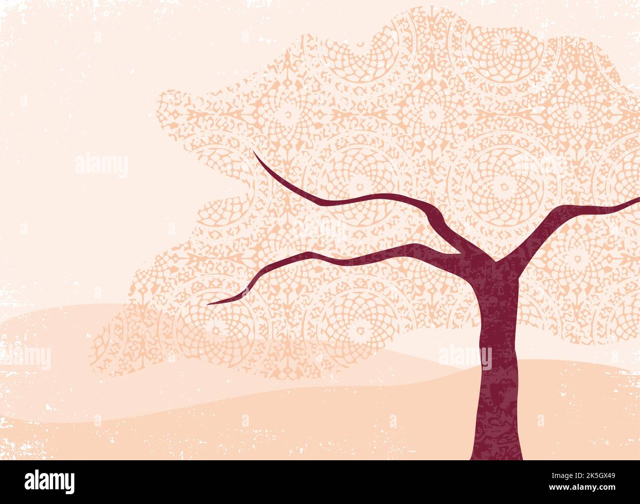 An abstract landscape with lacey canopy tree, in a cut paper style with ...