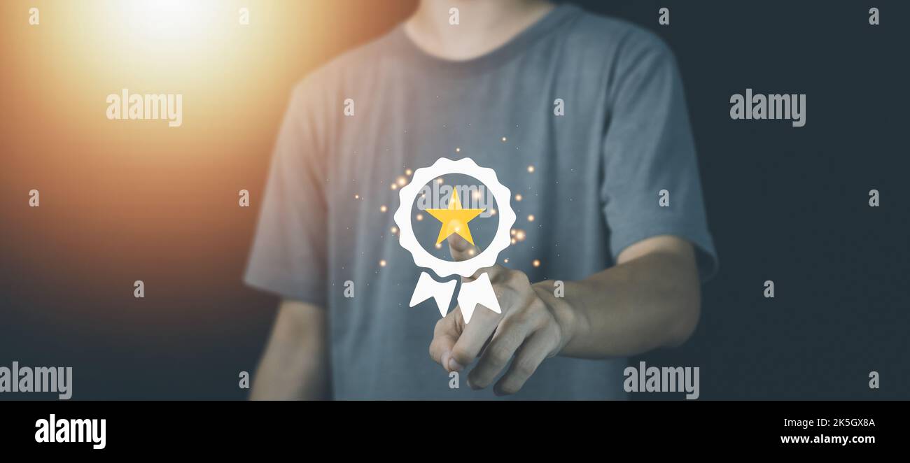 Businessman with tablet and sign of the top service and star. ISO ...