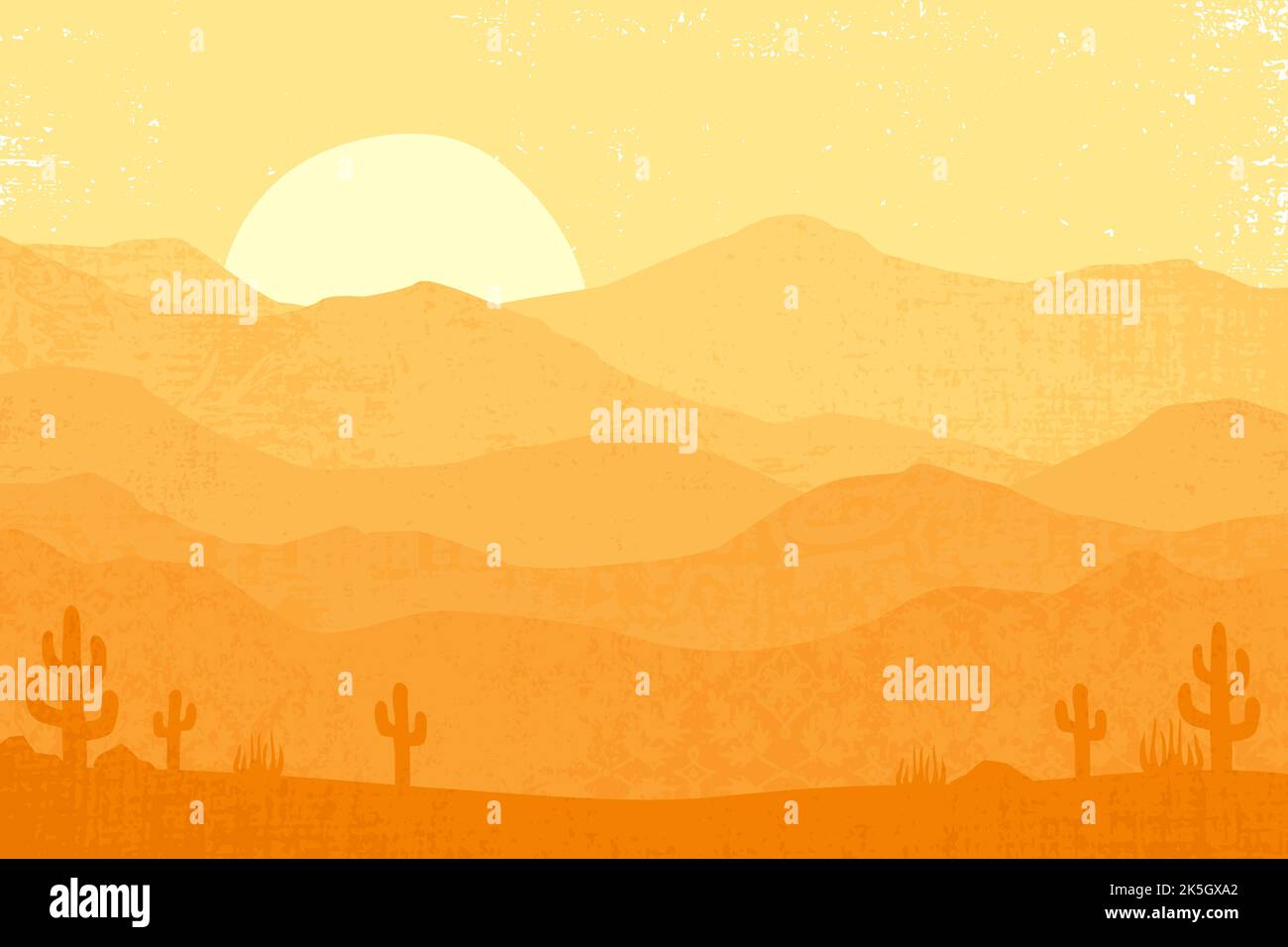 An abstract desert landscape of mountains and cacti, in a cut paper ...