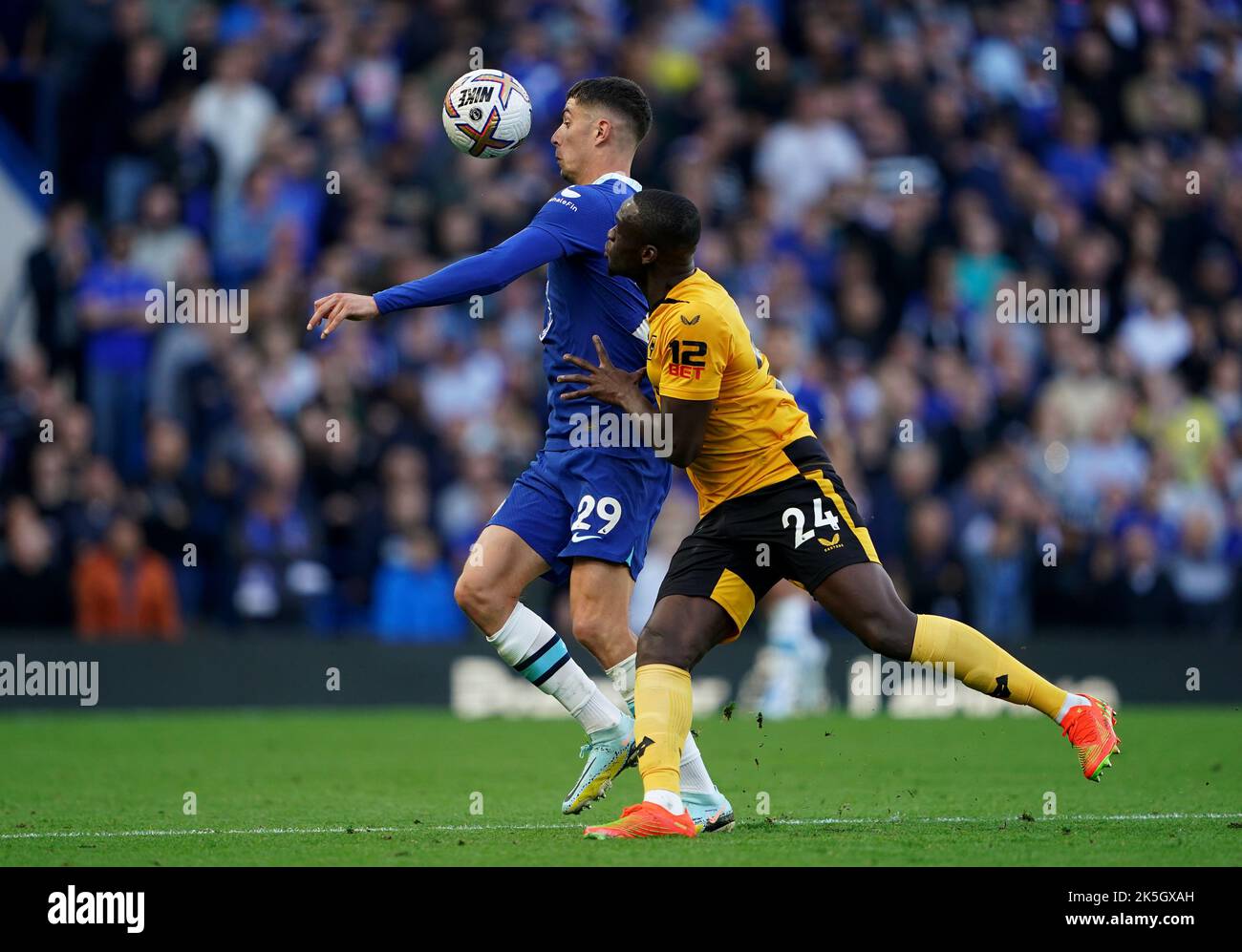 Chelsea's Kai Havertz (left) and Wolverhampton Wanderers' Toti Gomes ...