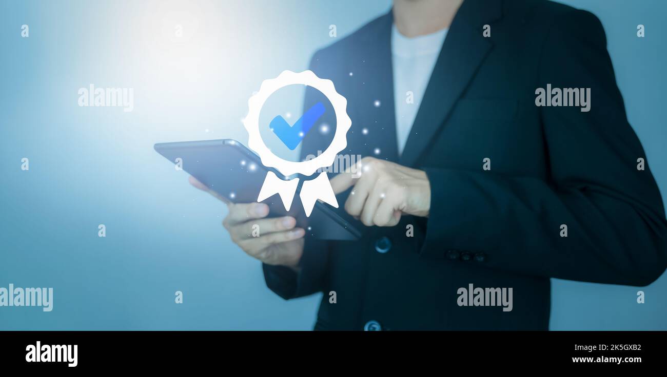 Businessman with tablet and sign of the top service and correct. ISO ...