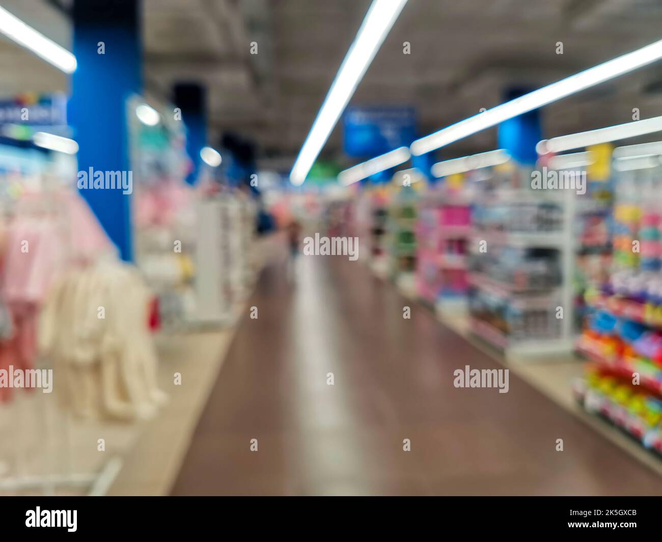 Abstract blur empty supermarket discount store aisle and product ...