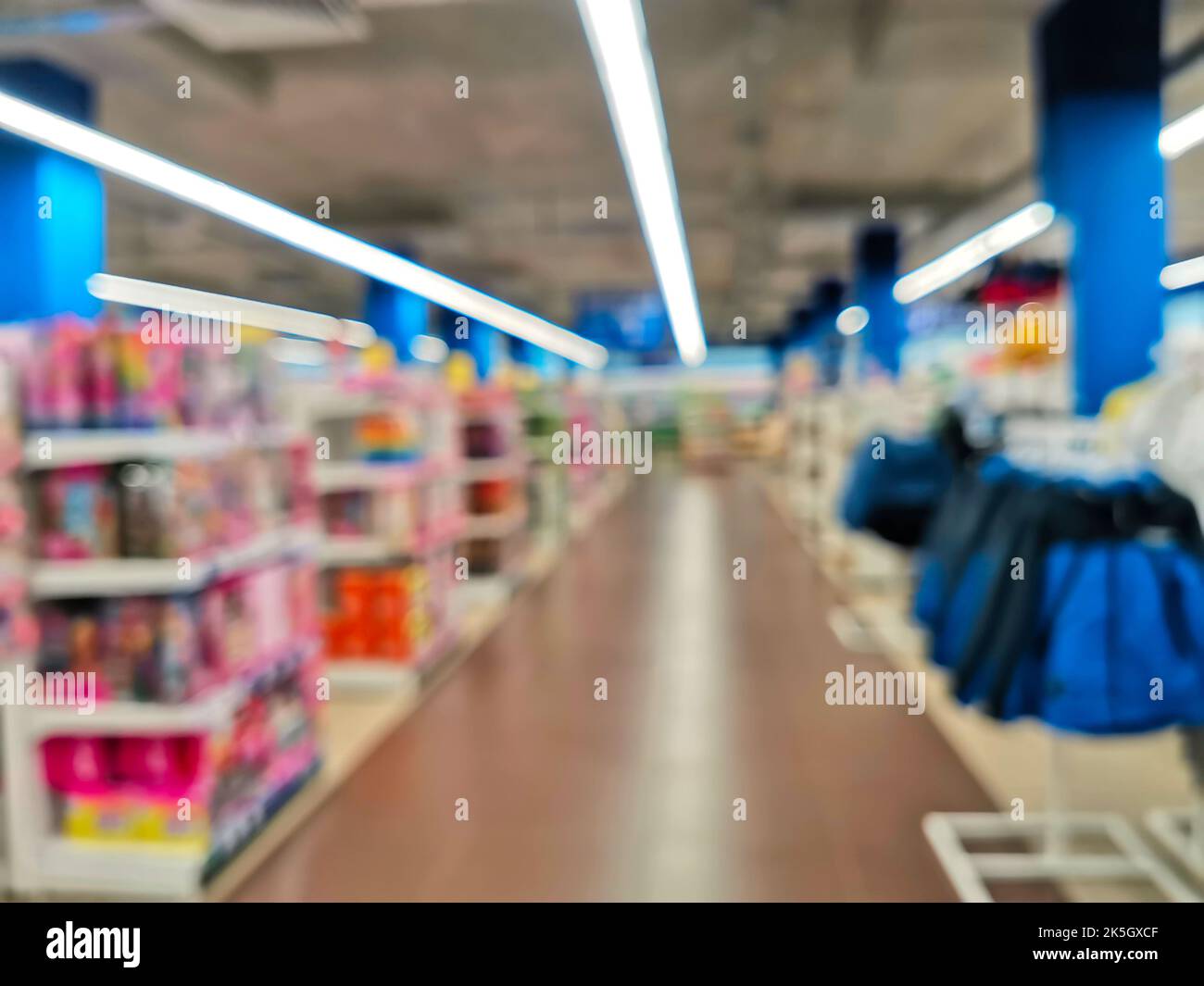 Abstract blur empty supermarket discount store aisle and product ...