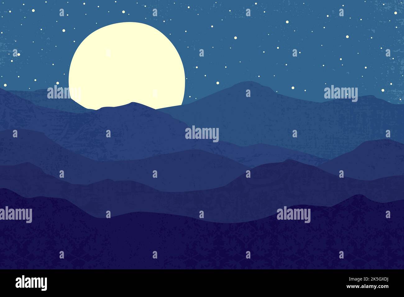 An abstract landscape of mountains moon filled night sky, in a cut ...