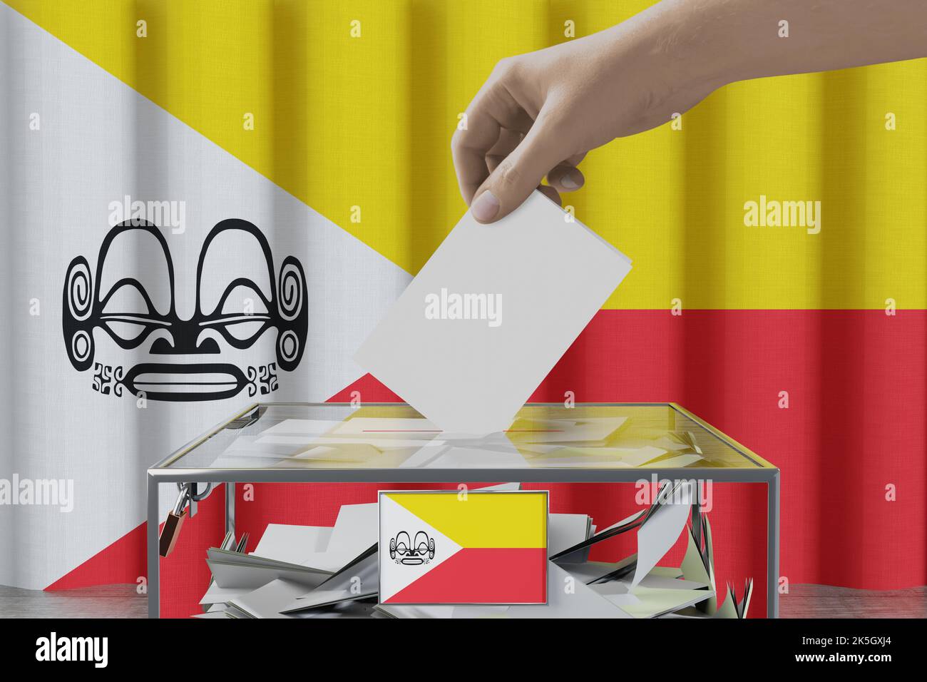 Marquesas Islands flag, hand dropping ballot card into a box - voting ...