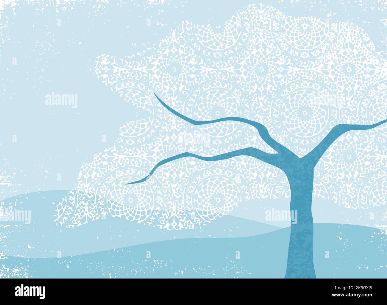 An abstract landscape with lacey canopy tree, in a cut paper style with ...