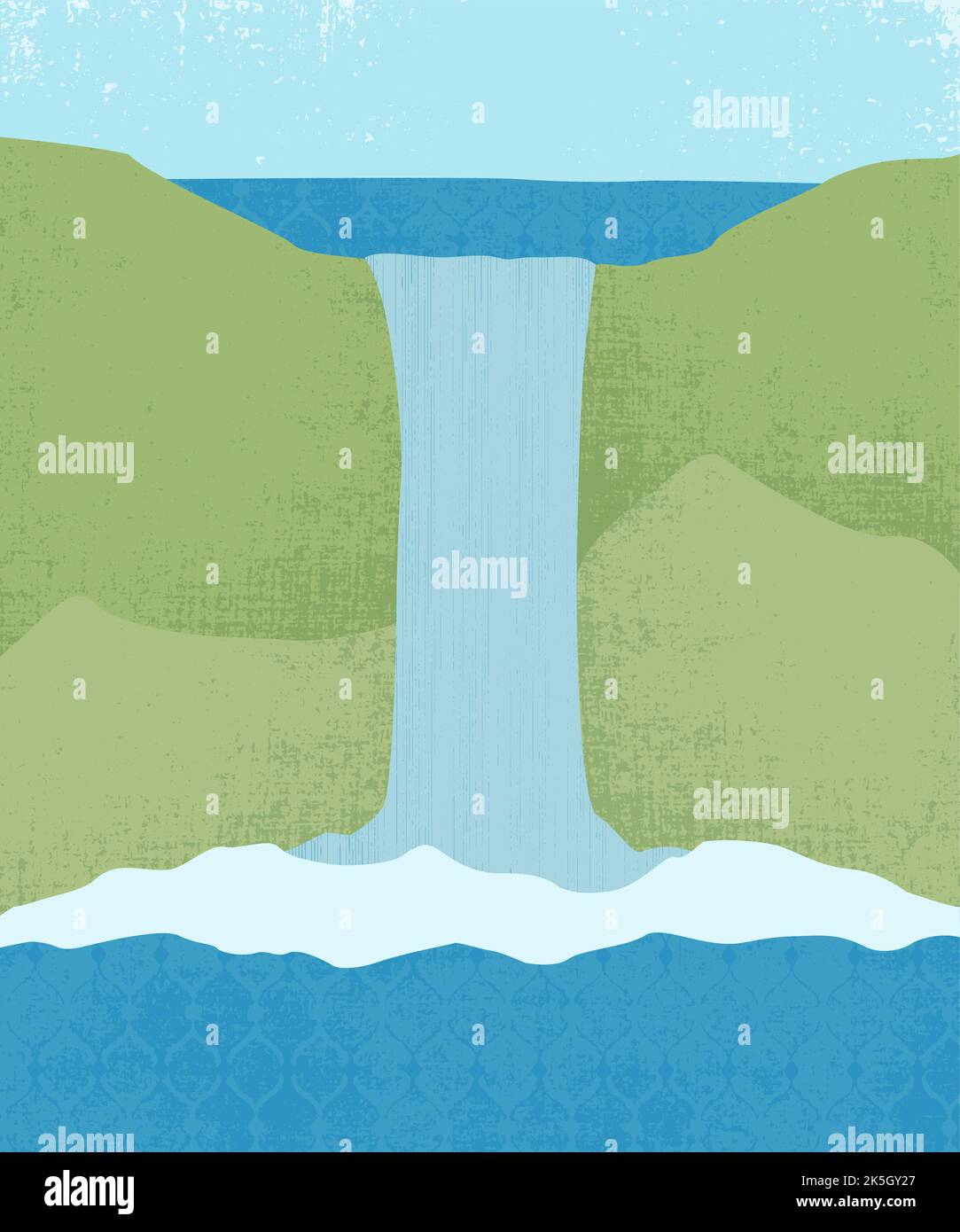 An abstract landscape with a waterfall, in a cut paper style with ...