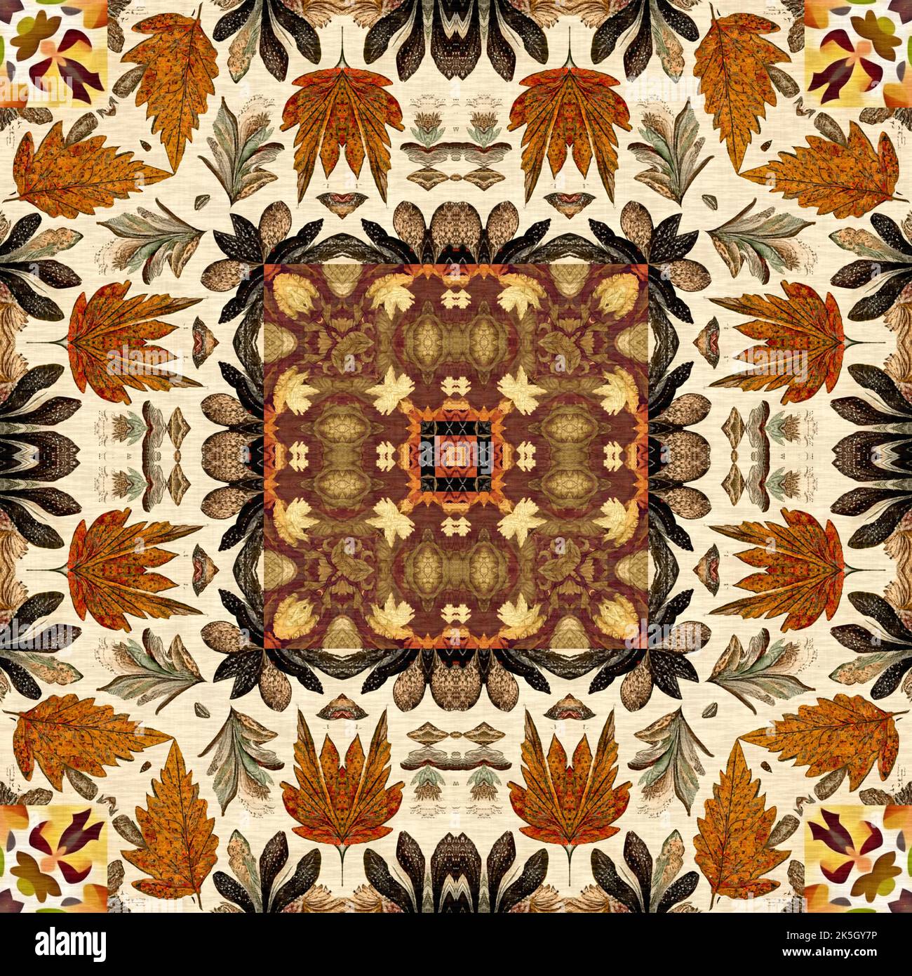 Autumn leaves woodland seamless pattern. Brown retro kaleidoscopic ...