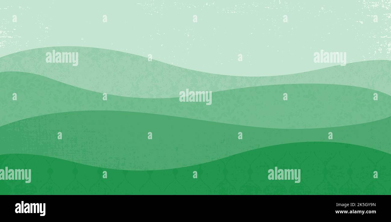 An abstract scene of rolling emerald hills, in a cut paper style with ...