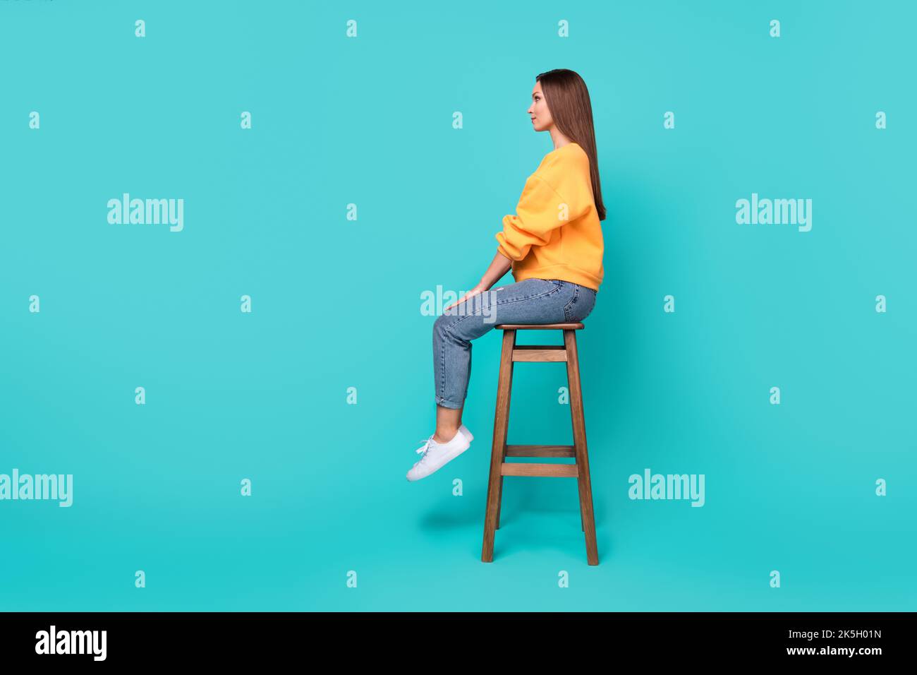 Side profile full length photo of young adorable pretty woman sitting ...