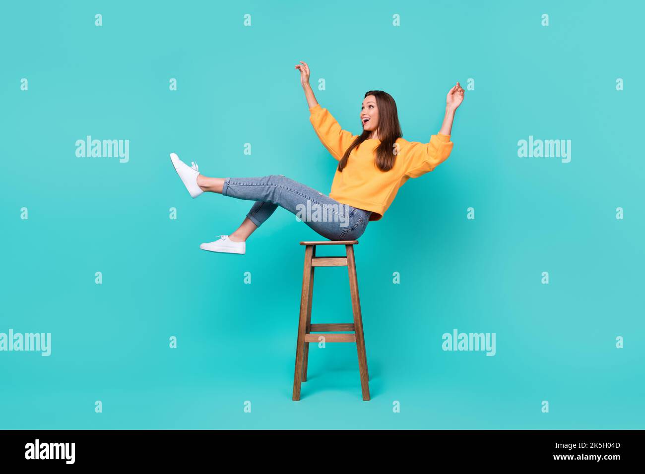 Side profile full size photo of young pretty cute lady business manager ...