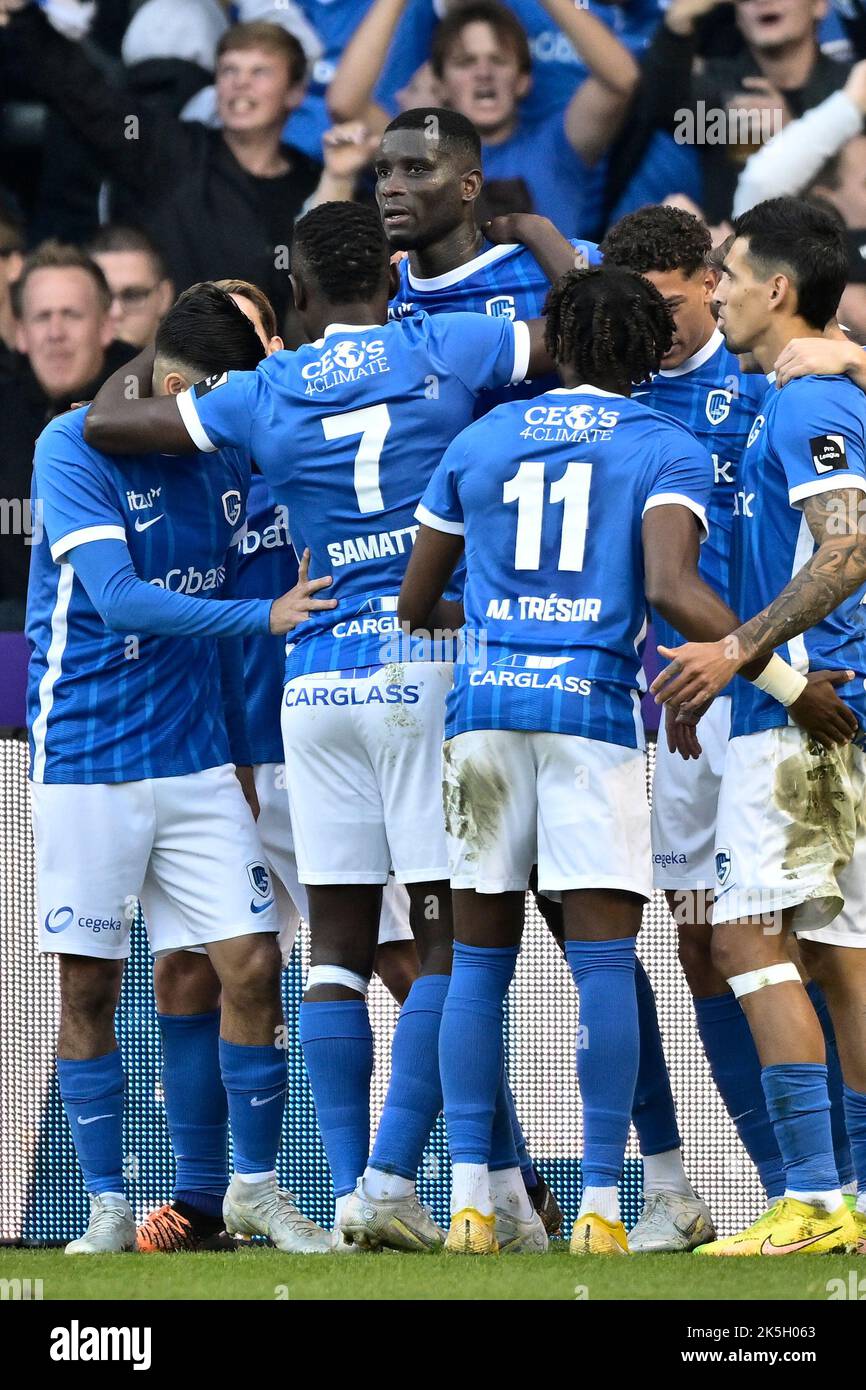 Genk's Paul Onuachu celebrates after scoring during a soccer match ...
