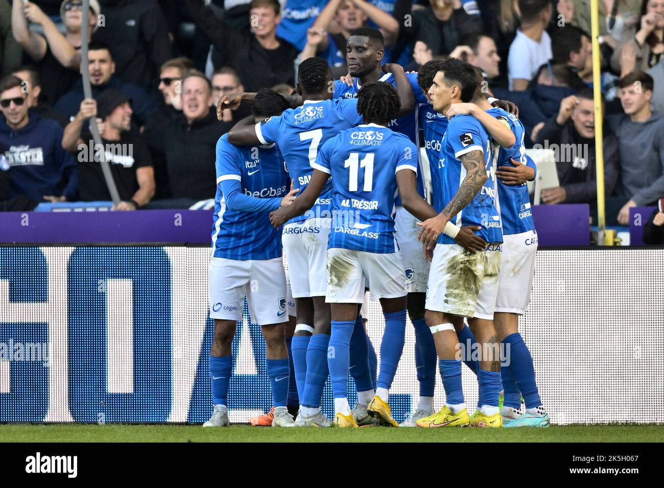 Genk's Paul Onuachu celebrates after scoring during a soccer match ...