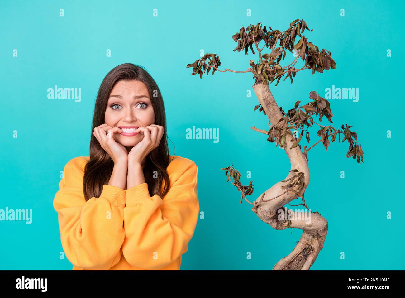 Photo of nervous lady stand near dried plant worried about global ...