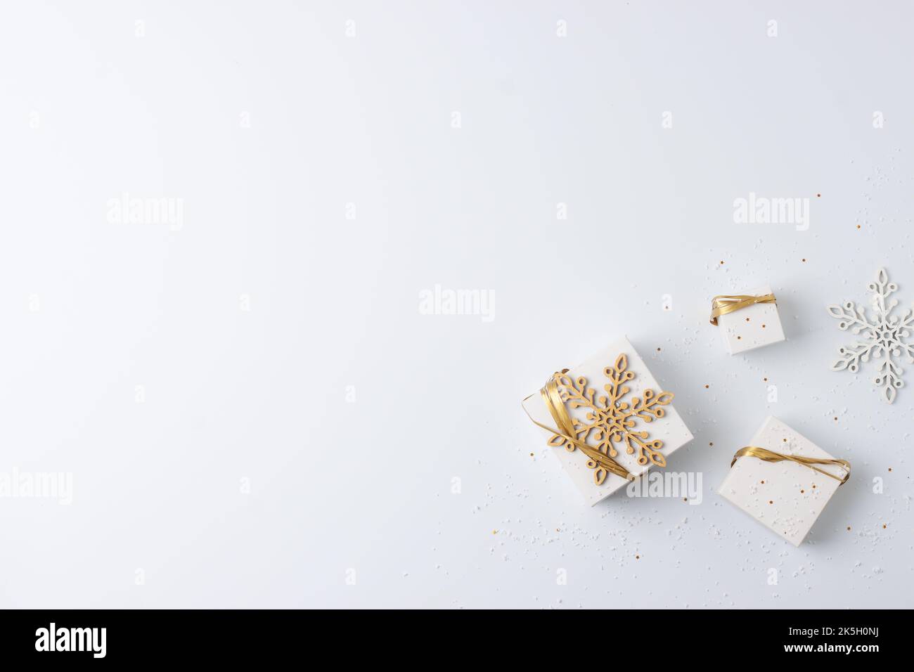 Christmas decorations with gifts on white background. Flat lay, copy ...
