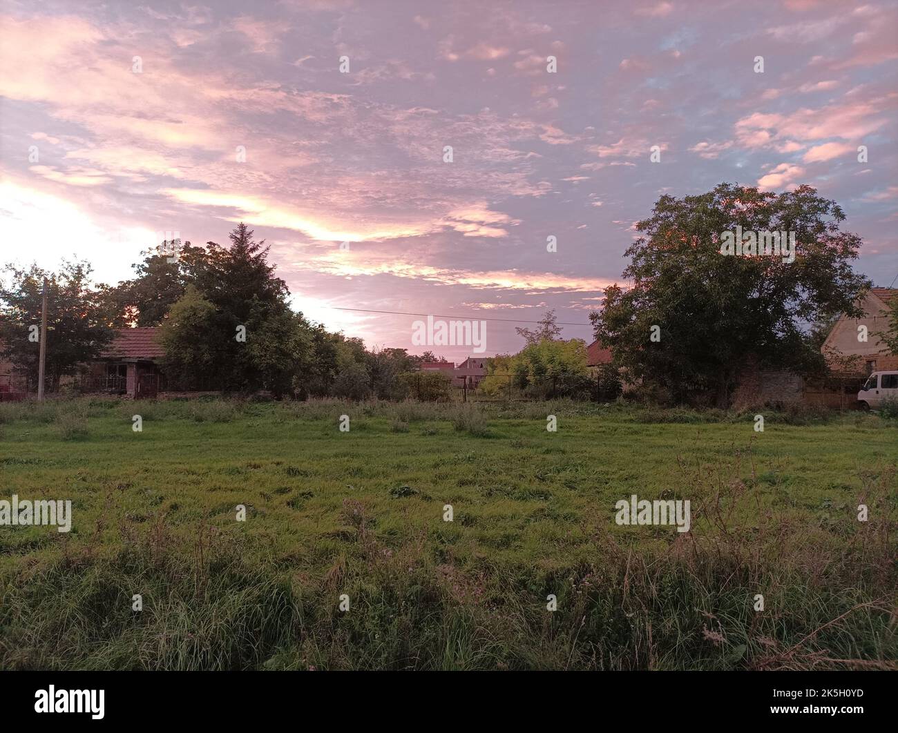 A scenic view of a rural meadow with houses and trees during pinky ...