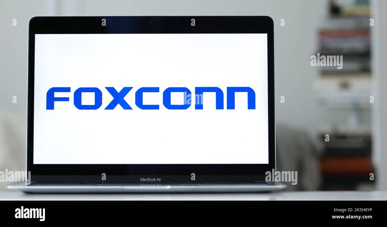 The logo of Foxconn, a Taiwanese electronics contract manufacturer ...