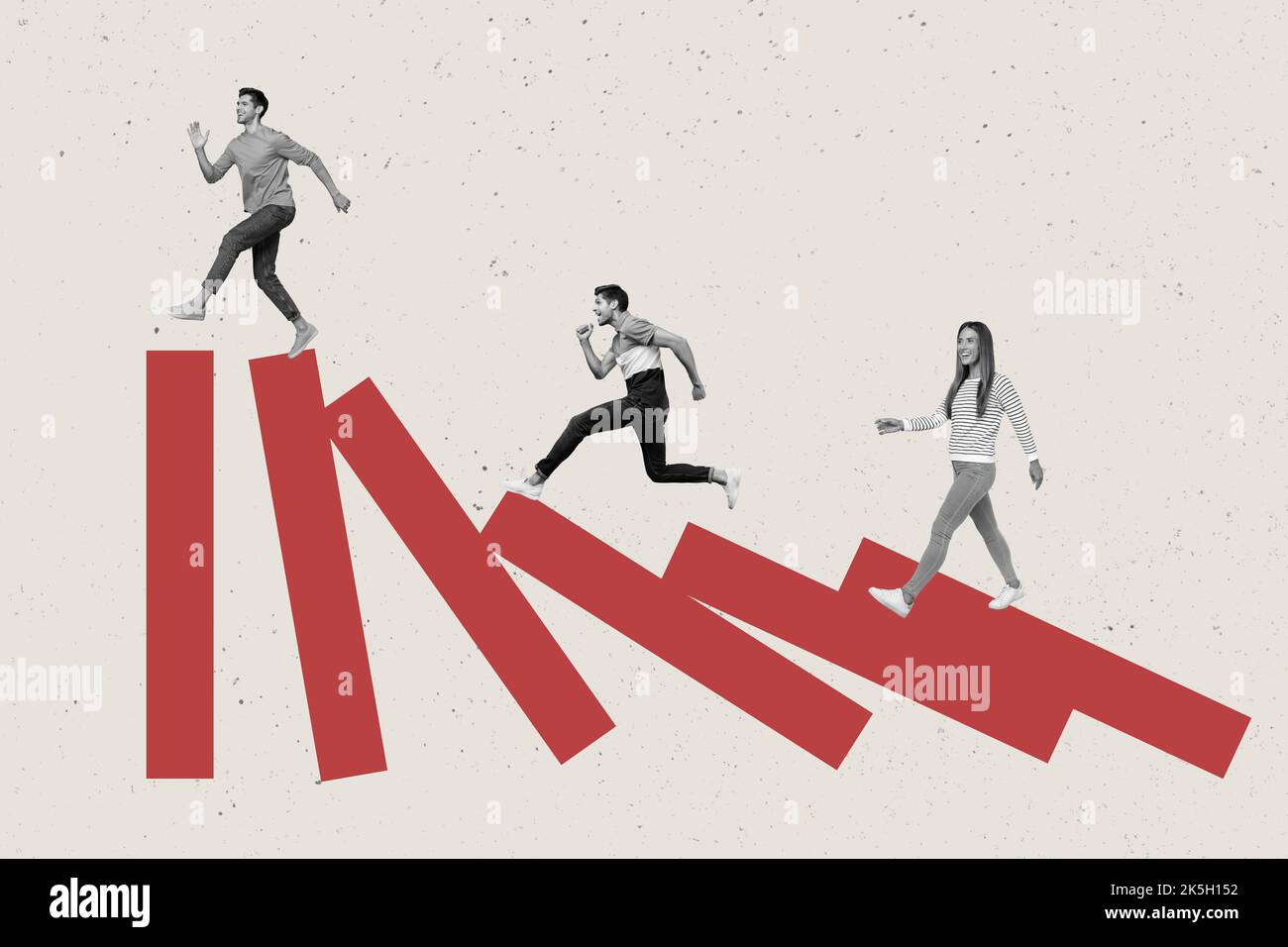 Composite collage image of company business employees running escaping ...