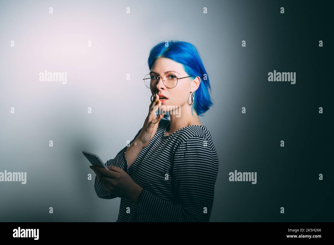 Mobile scam. Phone fraud. Cyber crime. Shocked anxious open mouth woman ...