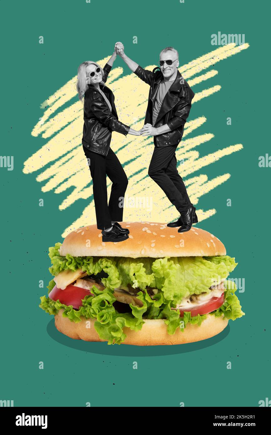Collage photo of hipsters couple dancing celebrating opening new ...