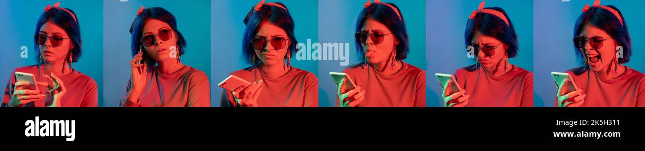 Angry face collage. Mobile flyer. Phone problem. Multiple woman emotion ...