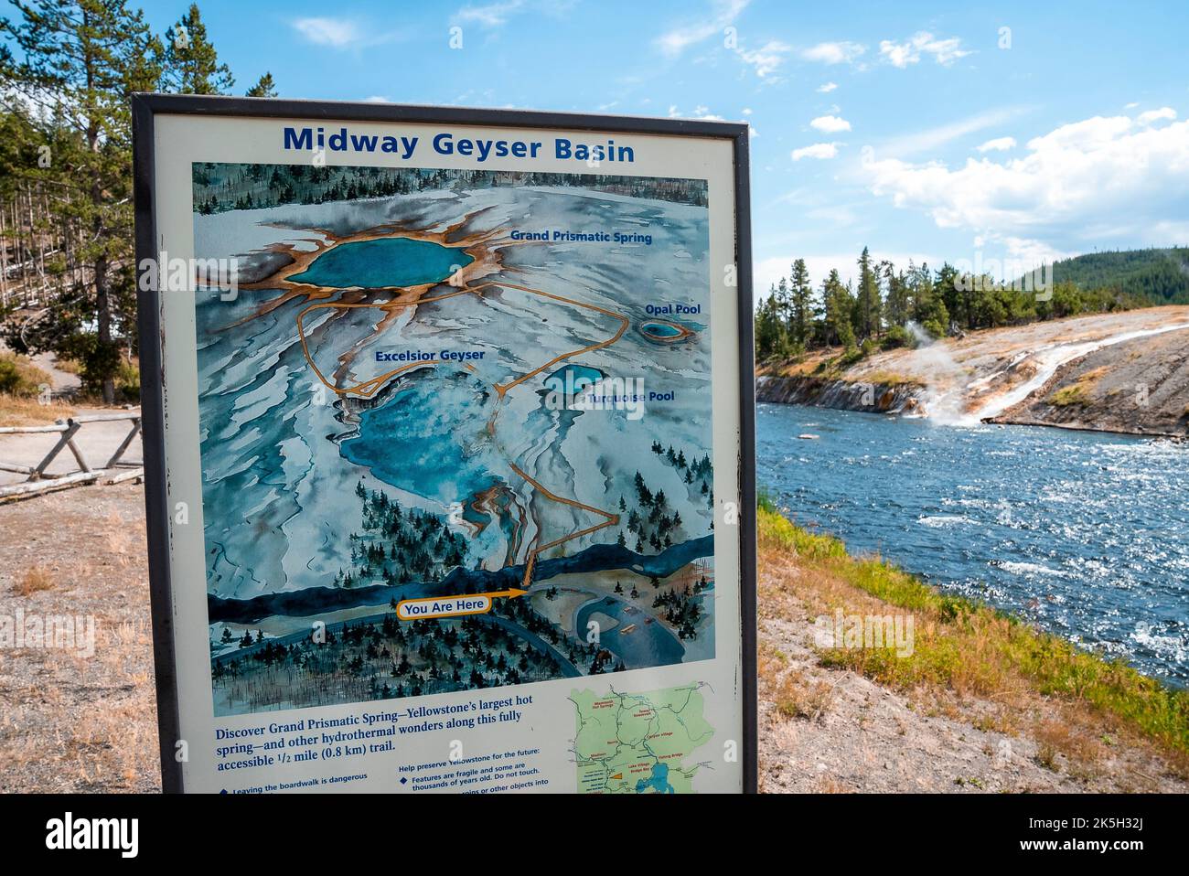 Signboard by Firehole River in Midway Geyser at Yellowstone park in ...