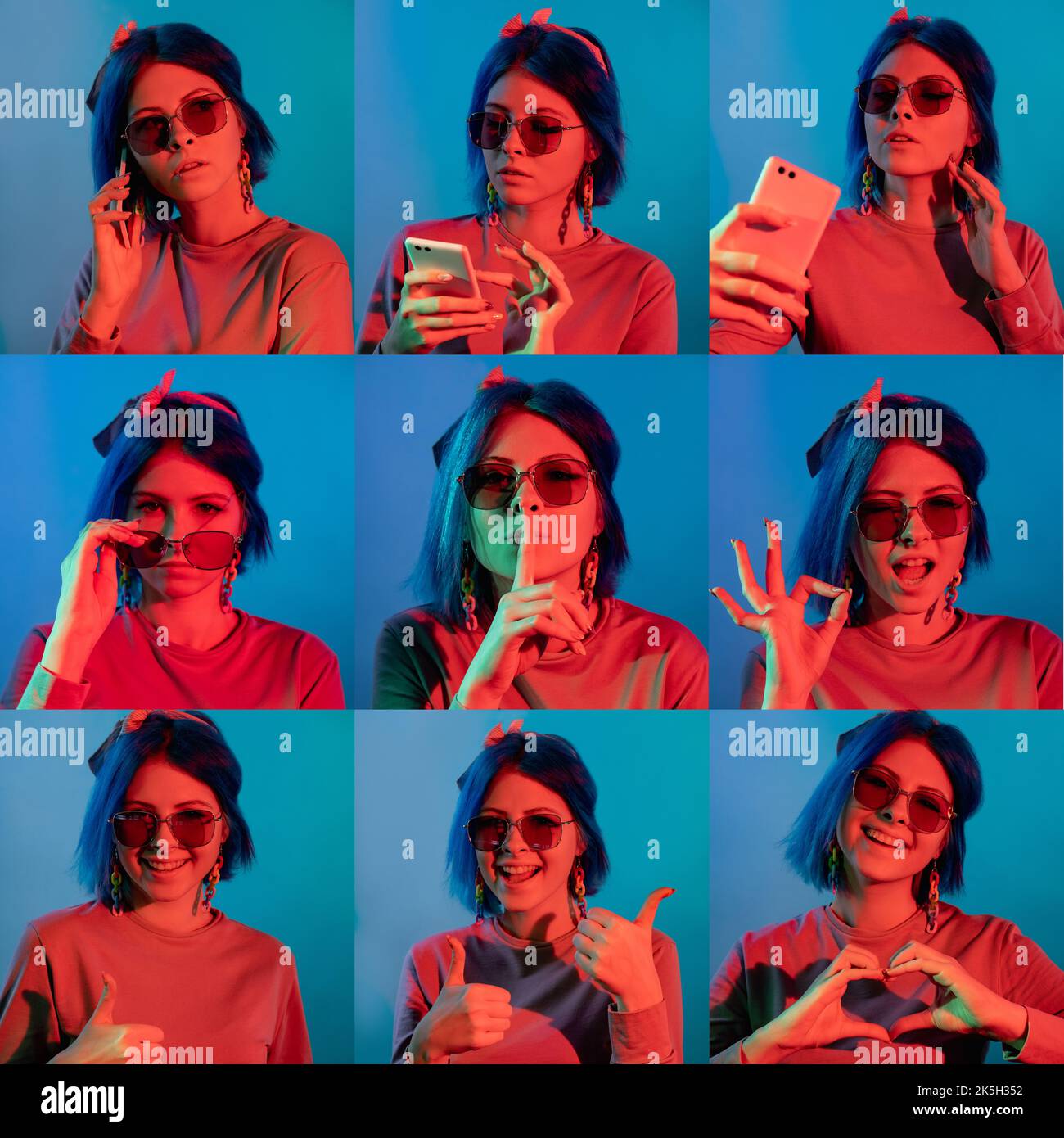 Emotion collage. Portrait collection. Neon light style. Various woman ...