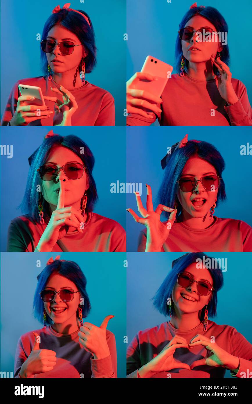 Neon face flyer. Portrait collage. Generation Z. Different emotion ...