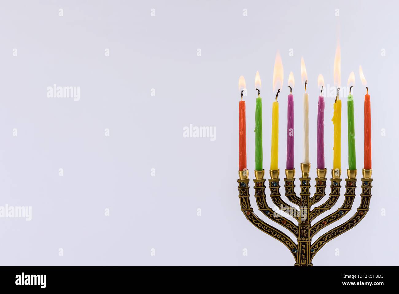 Hanukkah festival symbols with copy space white background for Jewish ...
