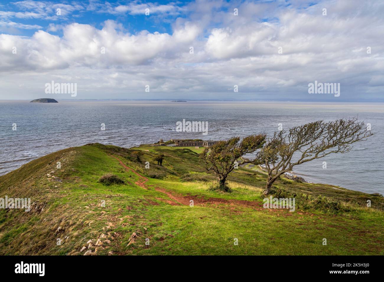 Windswept trees and the fort at Brean Down in the Bristol Channel ...
