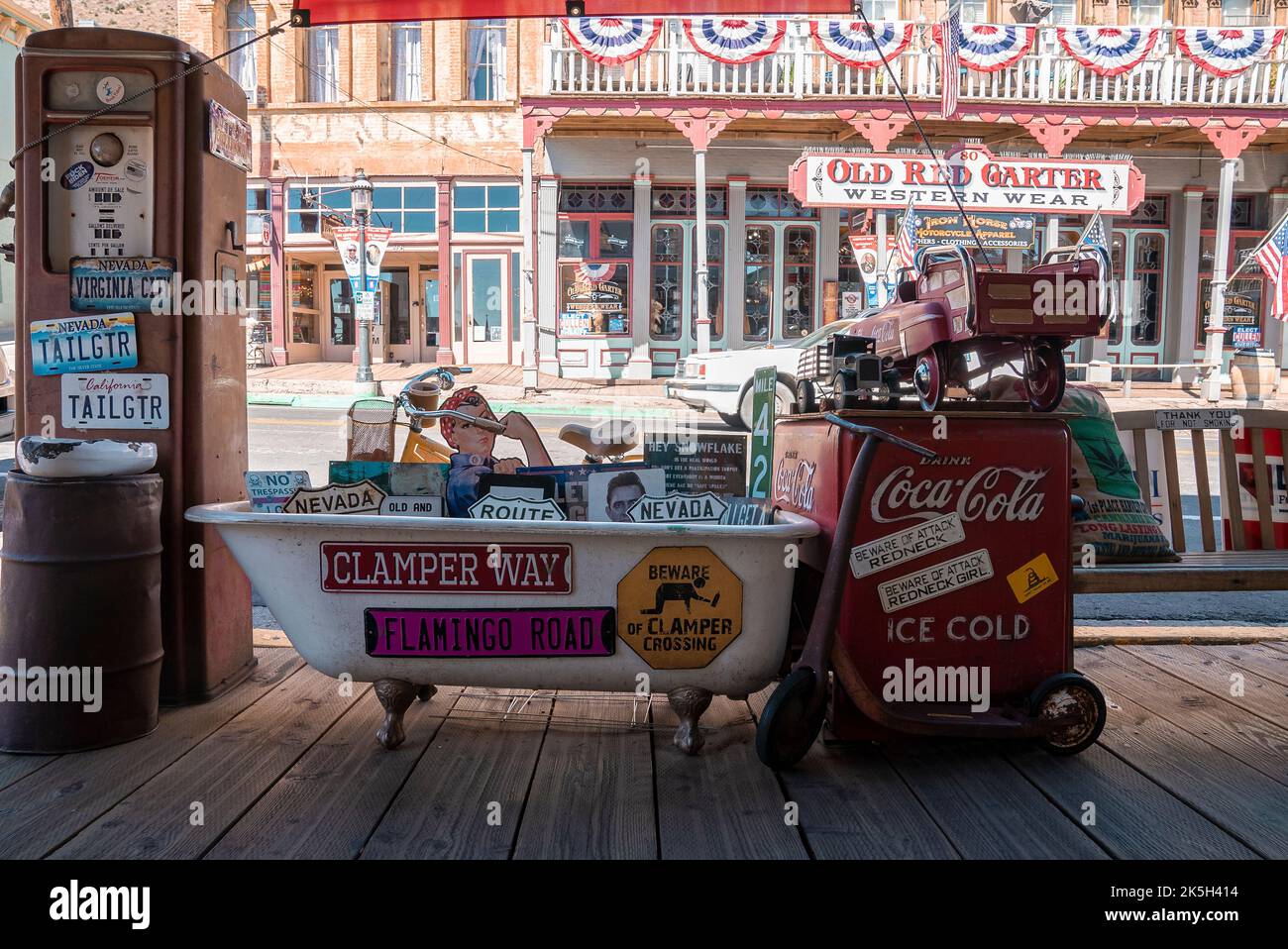 Vintage signs and symbols on objects outside shop in historic city ...