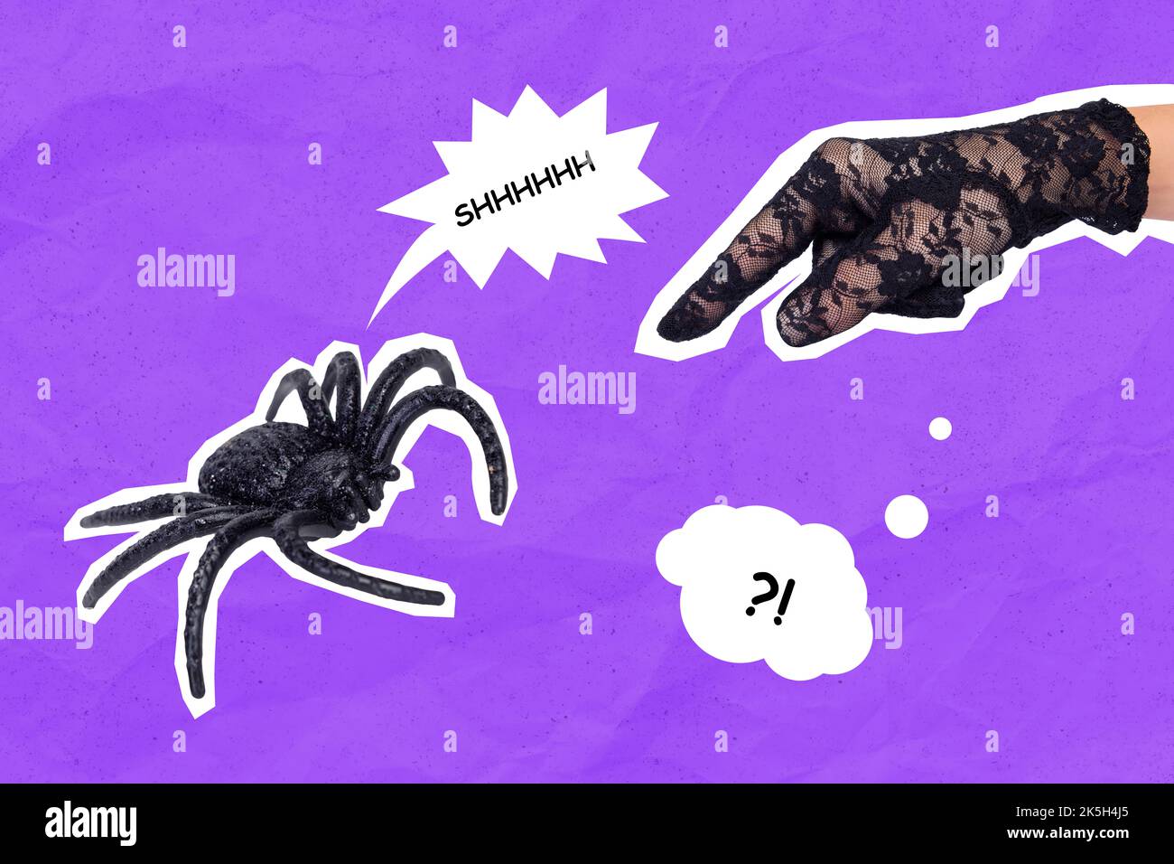 Composite collage illustration of arm glove finger point talking spider ...