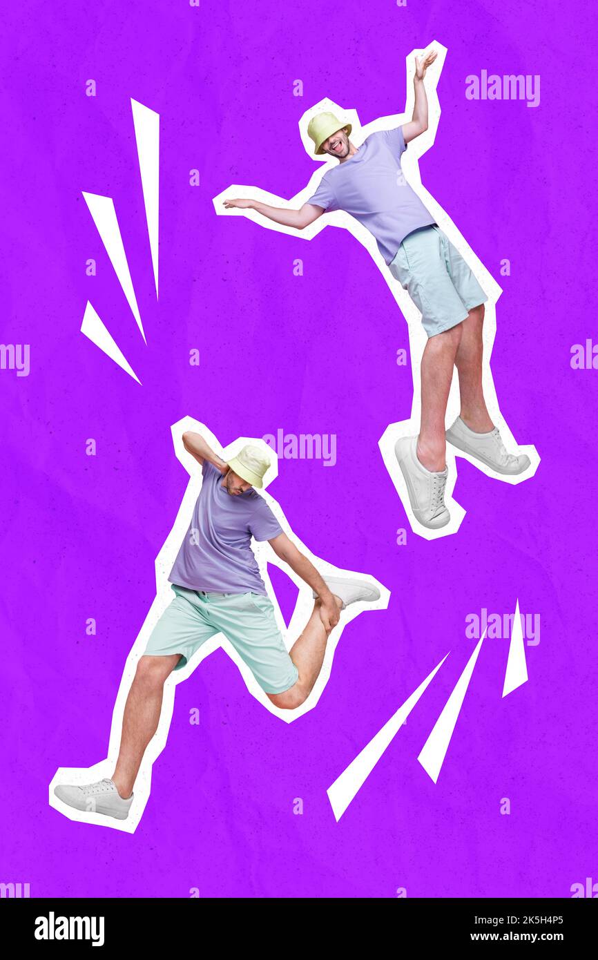 Vertical collage illustration of two excited guys rejoice dancing enjoy ...