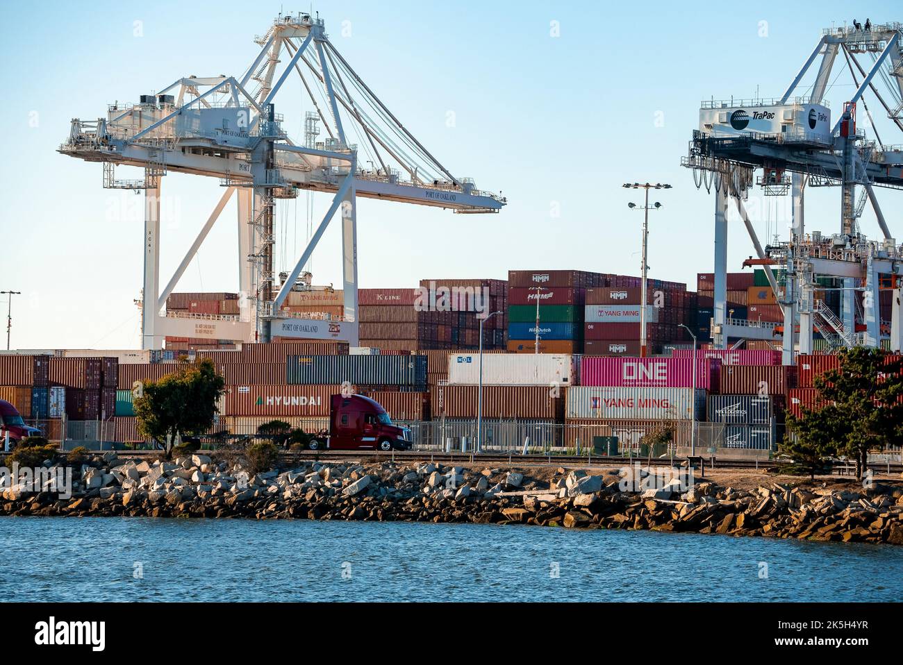 Container cranes and trucks in Port of Oakland at seaside during sunny ...