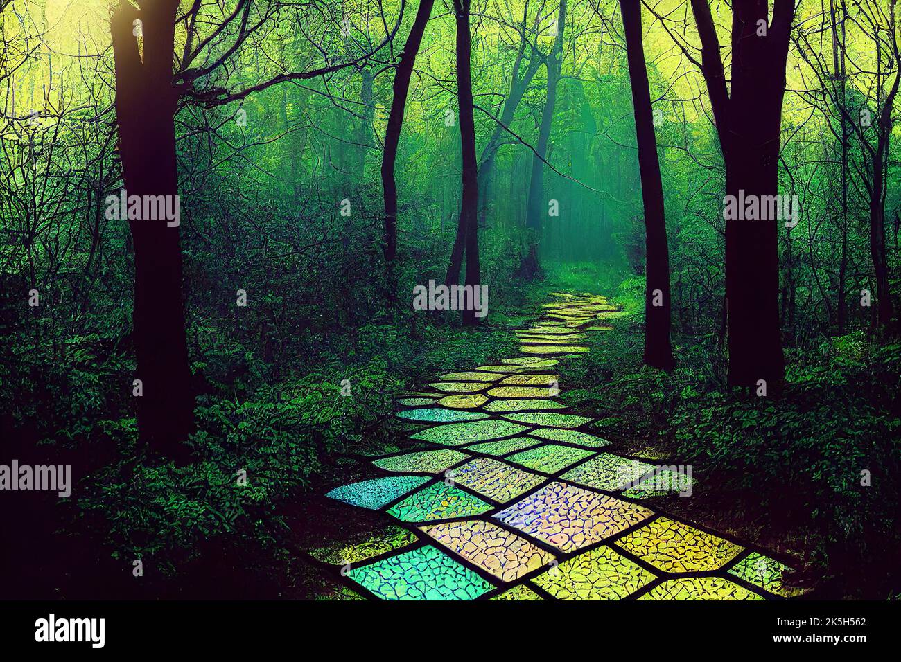 An abstract otherwordly surreal world with stained glass pathway in a ...