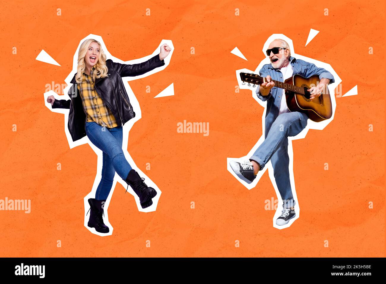 Composite collage picture of two excited overjoyed people play guitar ...