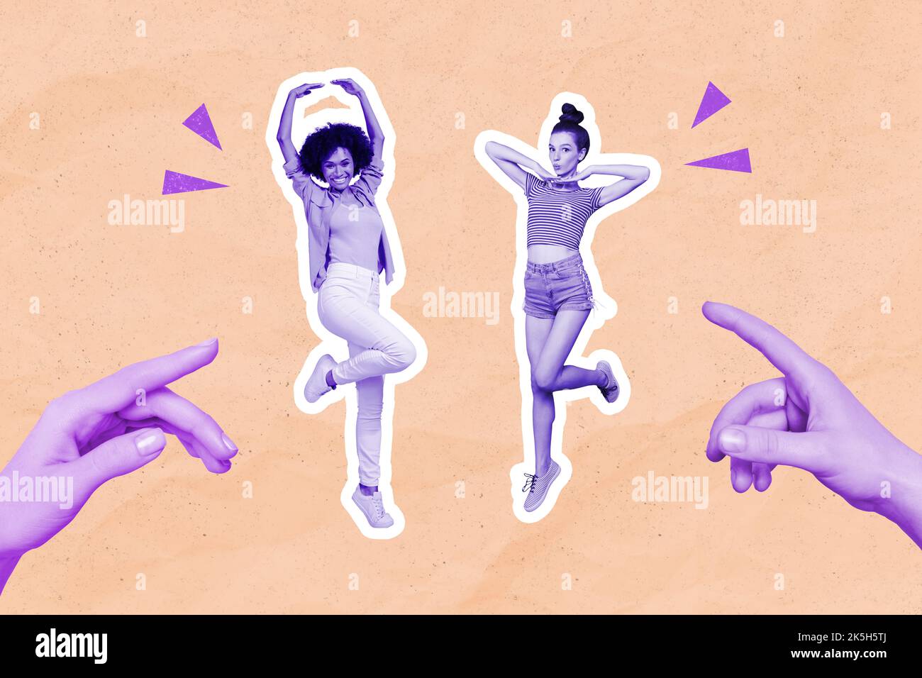Composite collage illustration of two big arms fingers point mini girls ...