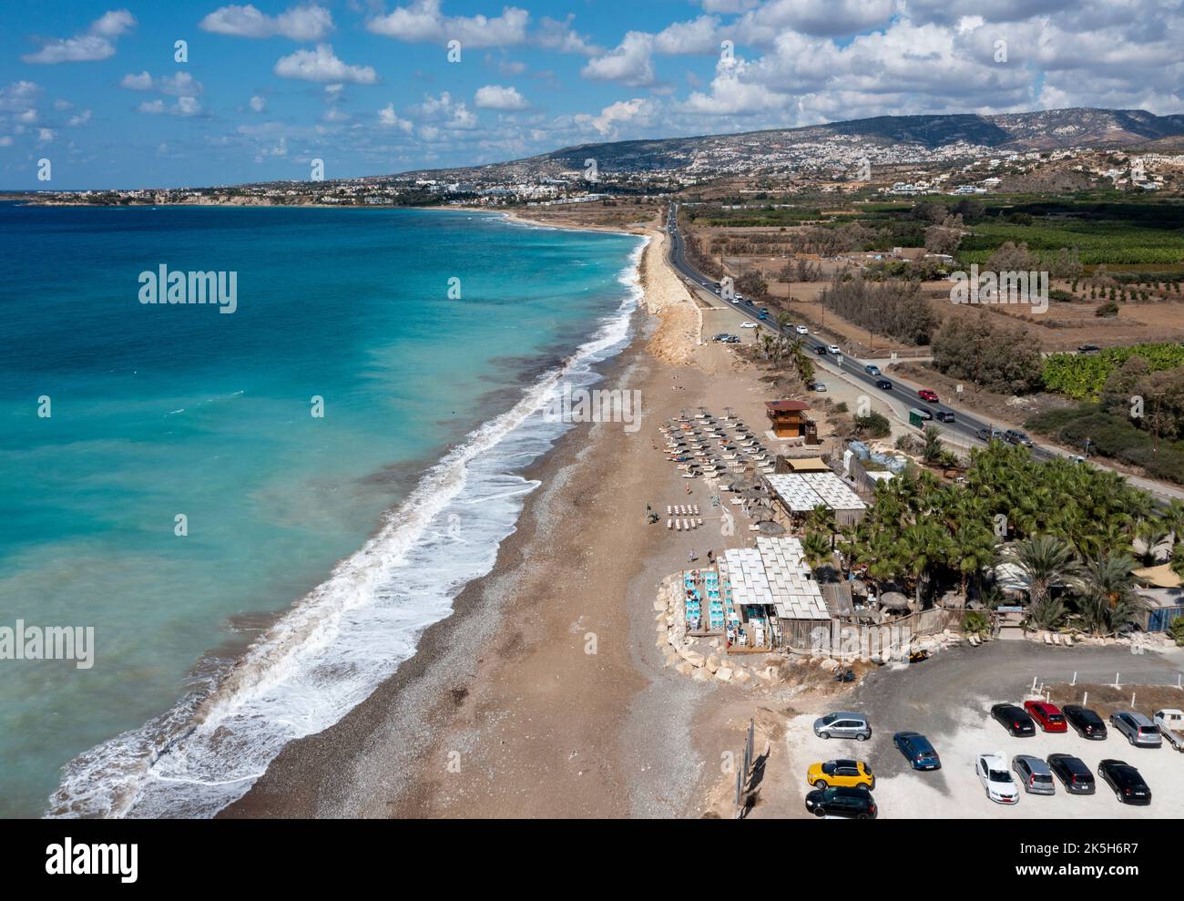 Aerial view of the Sea You Beach Bar, at Potima Bay, Paphos, Cyprus ...