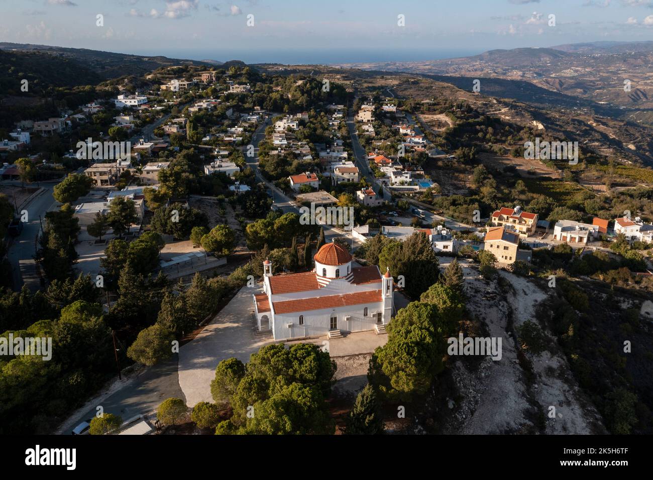 Aerial view of a church in the village of Pano Theletra, Pafos district ...