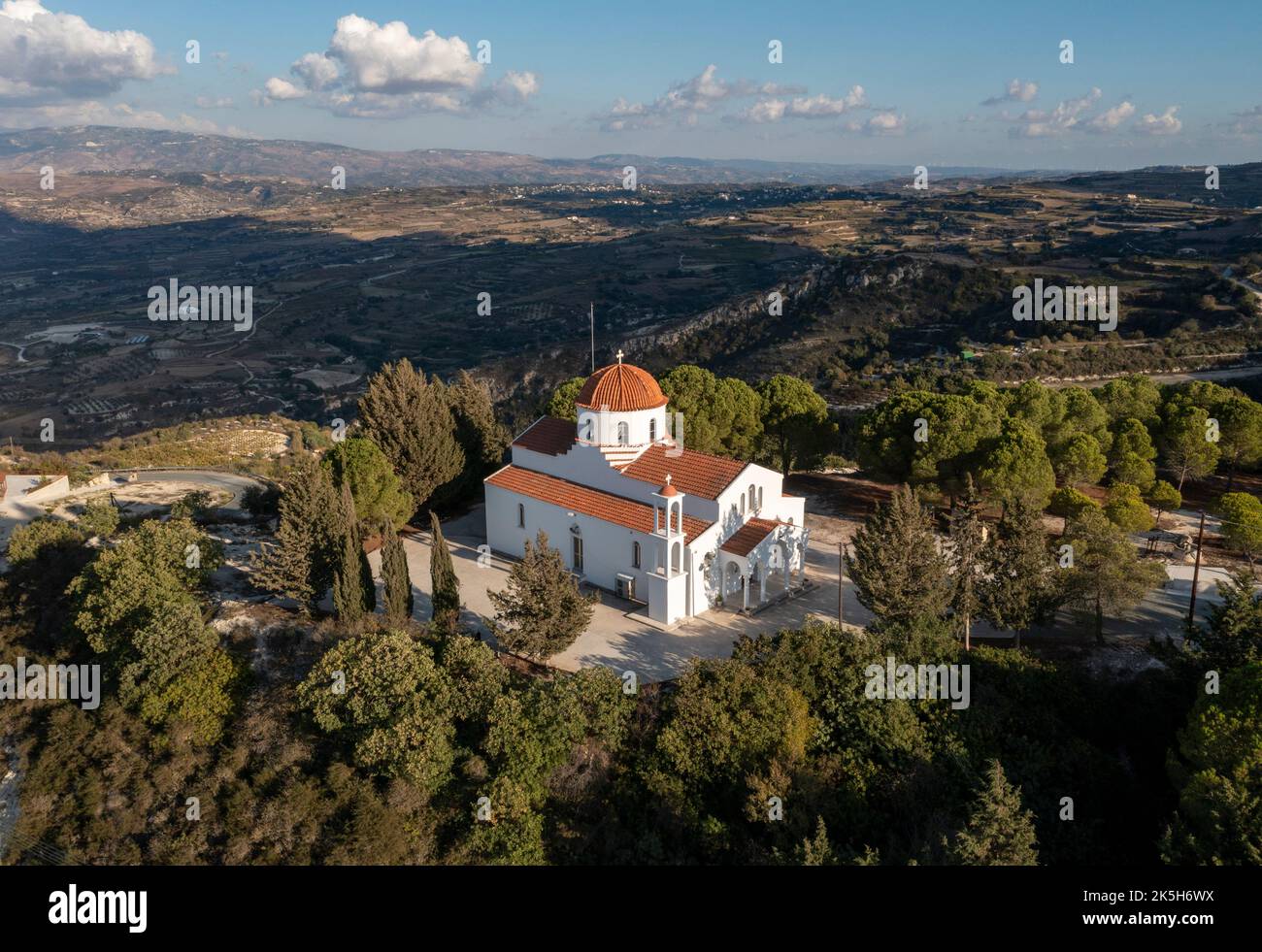 Aerial view of a church in the village of Pano Theletra, Pafos district ...
