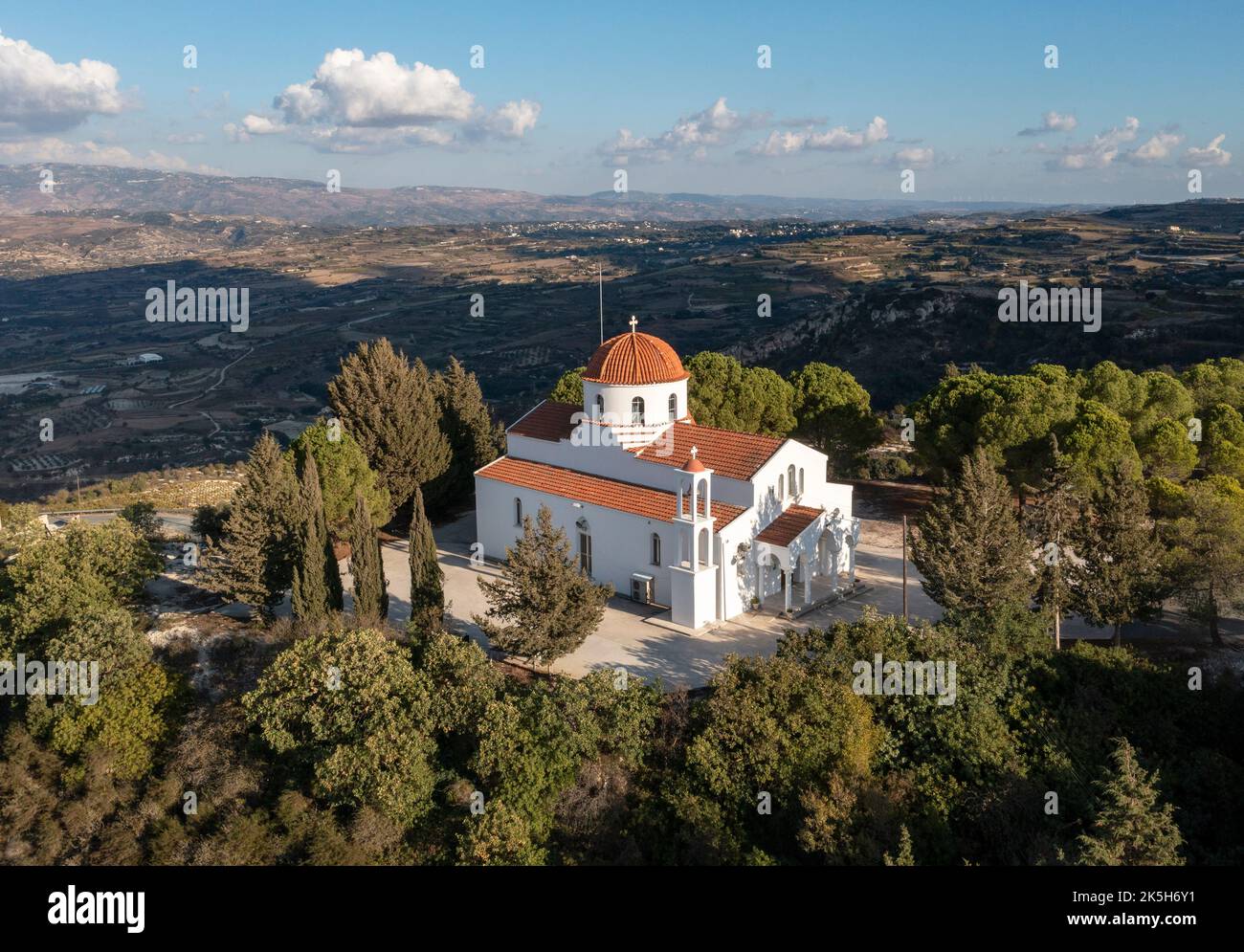 Aerial view of a church in the village of Pano Theletra, Pafos district ...