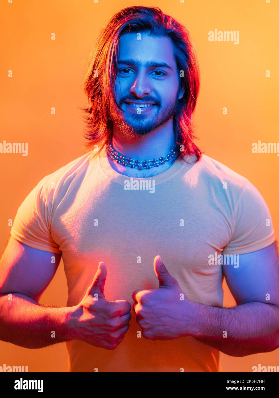 Hipster male portrait. Neon light people. Positive lifestyle ...