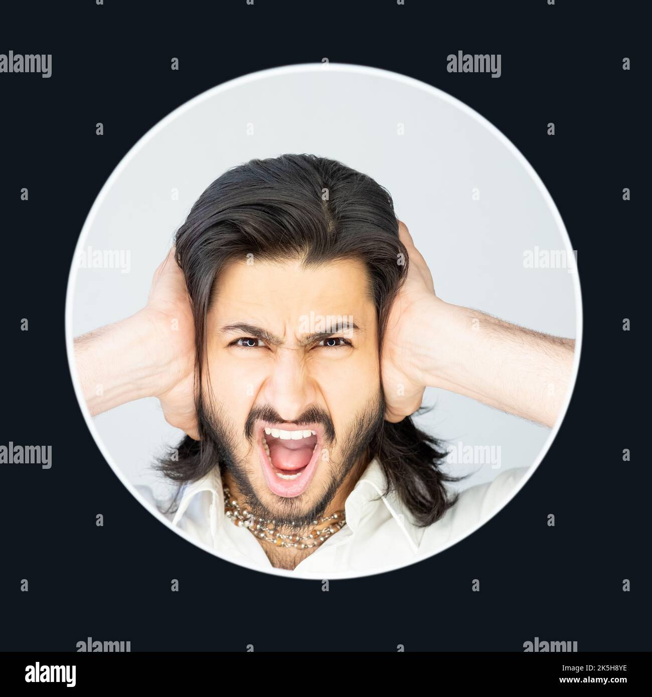 Loud noise. Screaming male portrait. Overwhelming madness. Anger ...