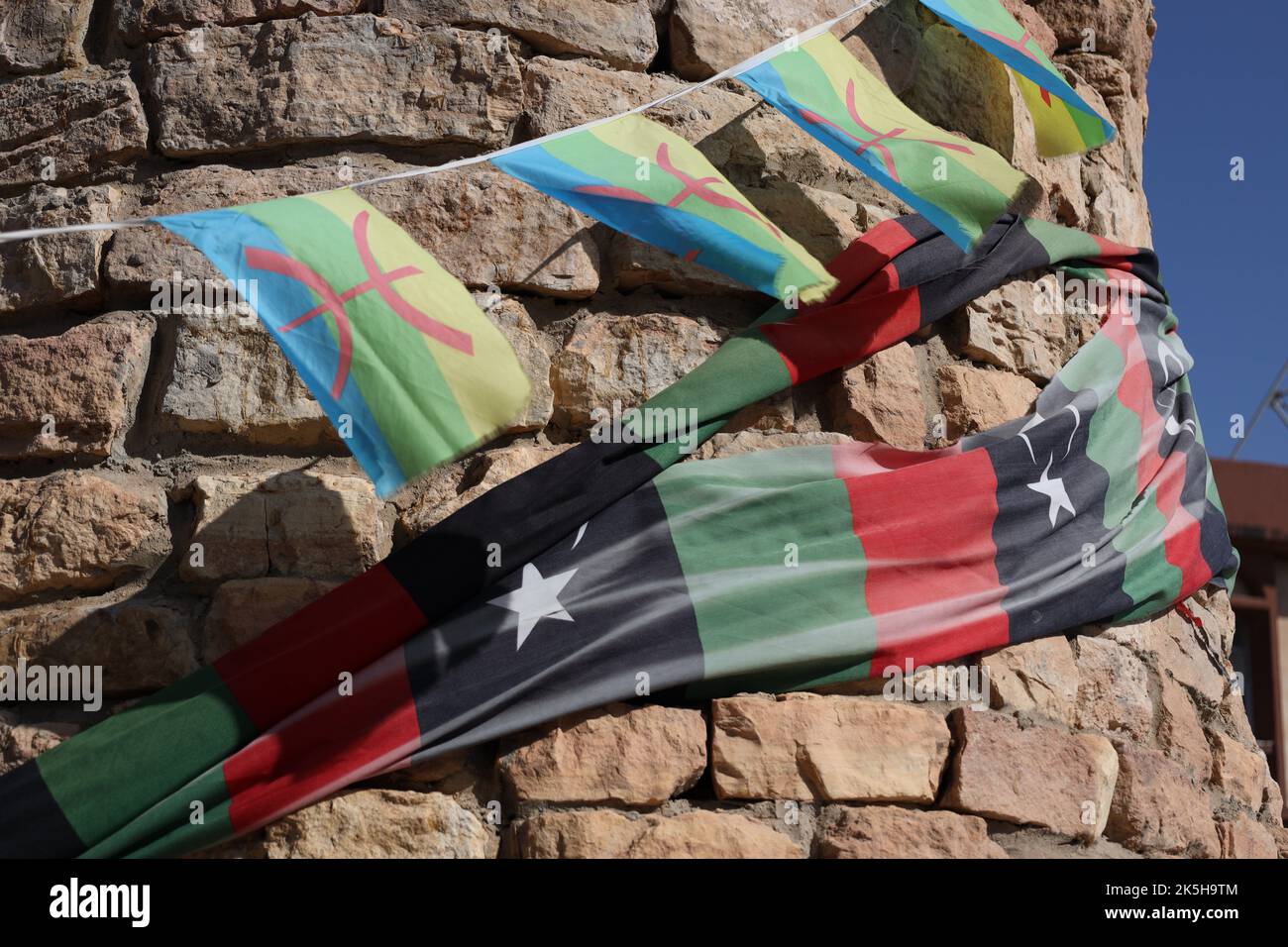 Yefren, Libya. 8th Oct, 2022. Flags of Libya and Amazigh seen close to ...