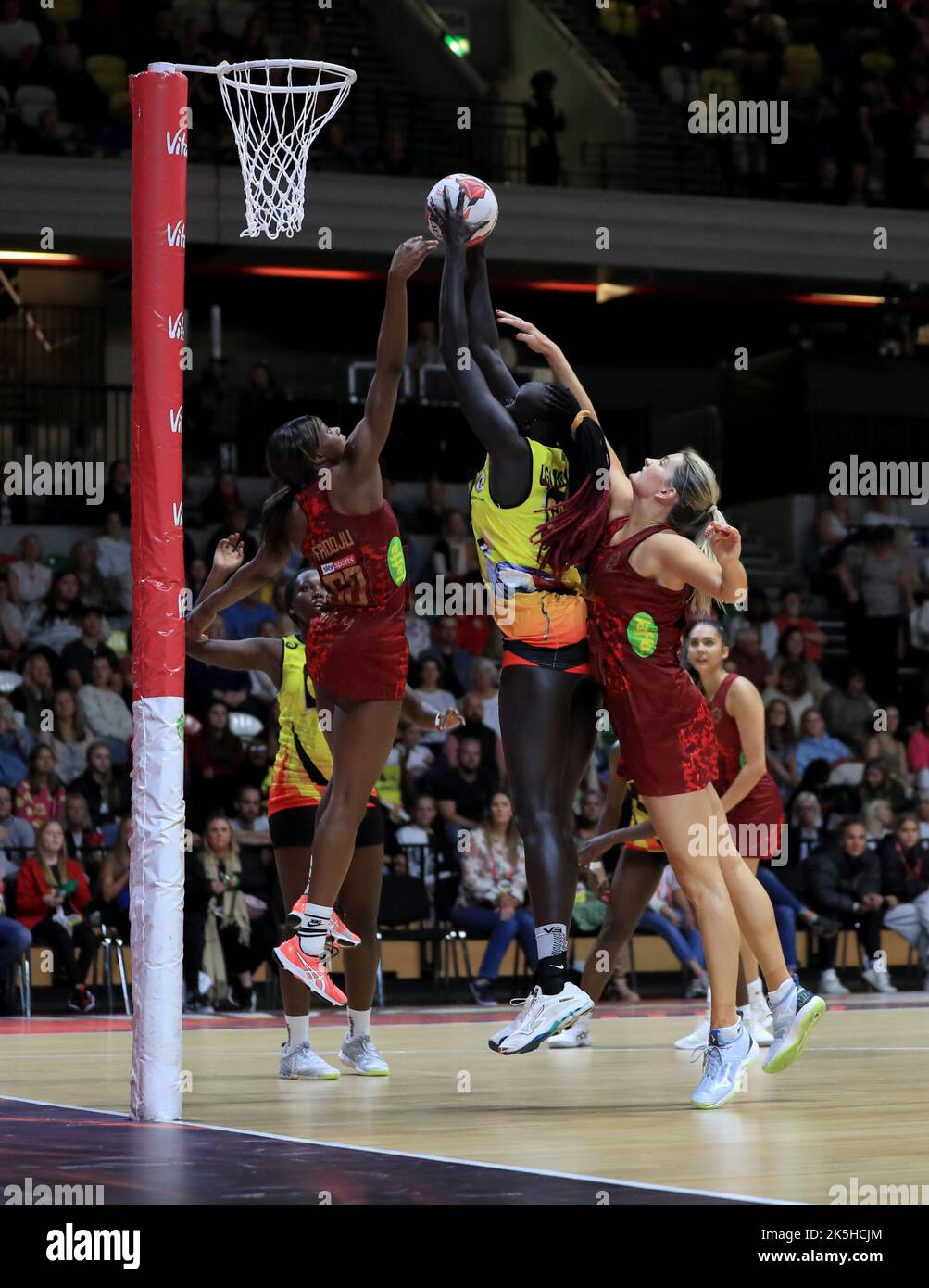 England’s Funmi Fadoju blocks a shot from Uganda She Cranes’ Mary ...