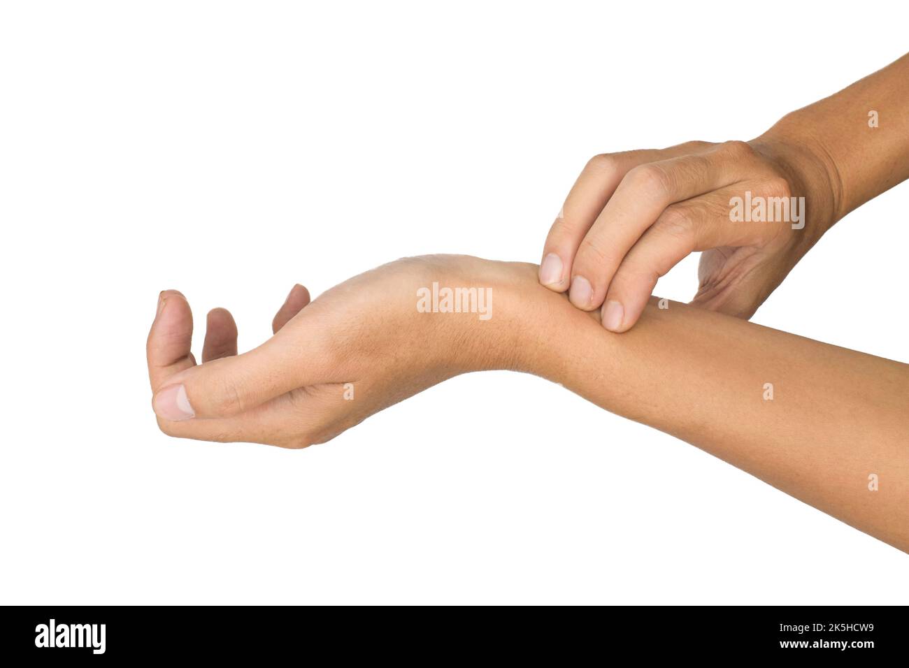 Self-examination of pulsation. Counting pulse rate in home Stock Photo ...