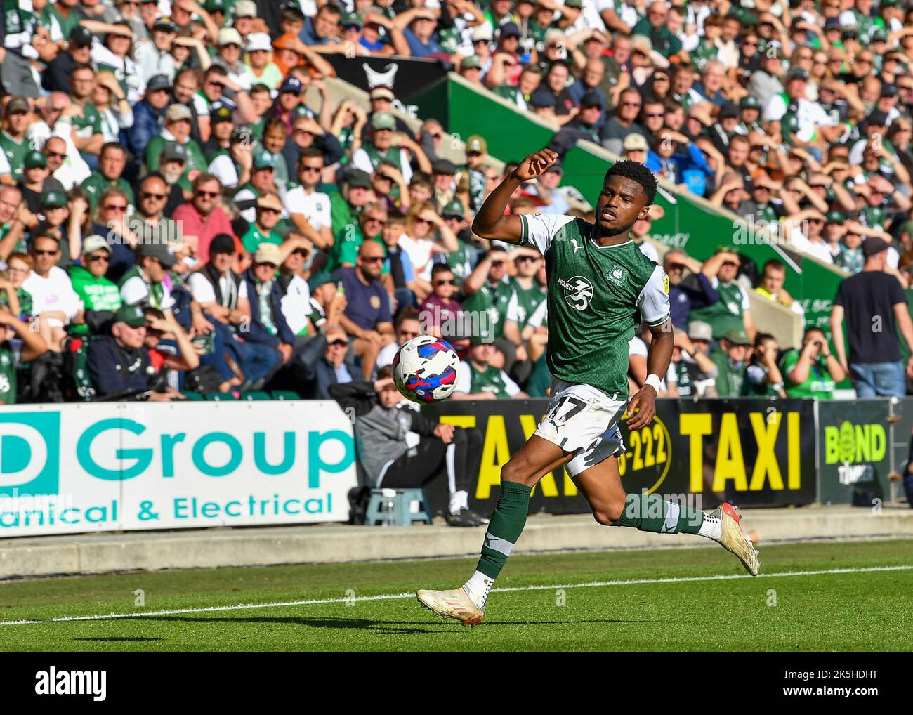 Plymouth Argyle full back Bali Mumba (17) controls the ball during the ...
